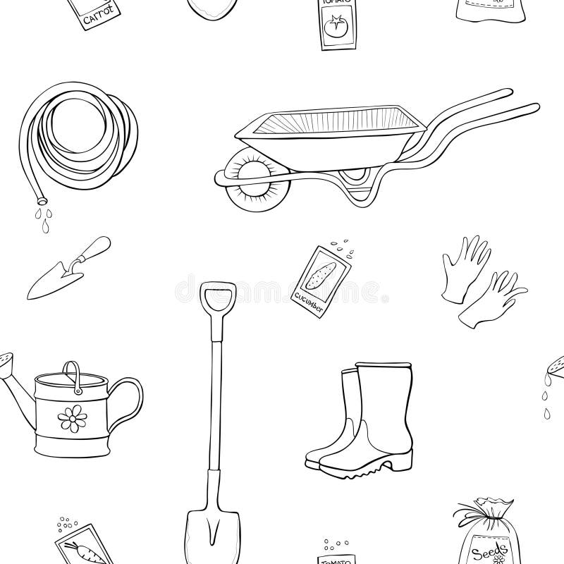 Vector Seamless Pattern with Gardening Tools. Outline Texture on Topic ...