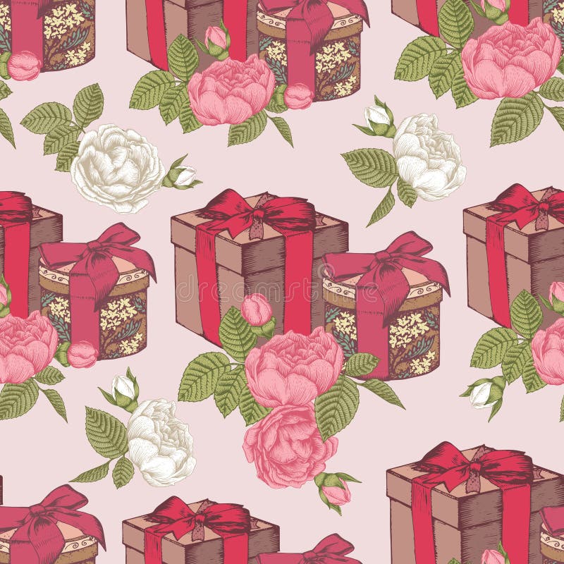 Vector Seamless Pattern with Gift Boxes and Bouquets of Roses Stock ...
