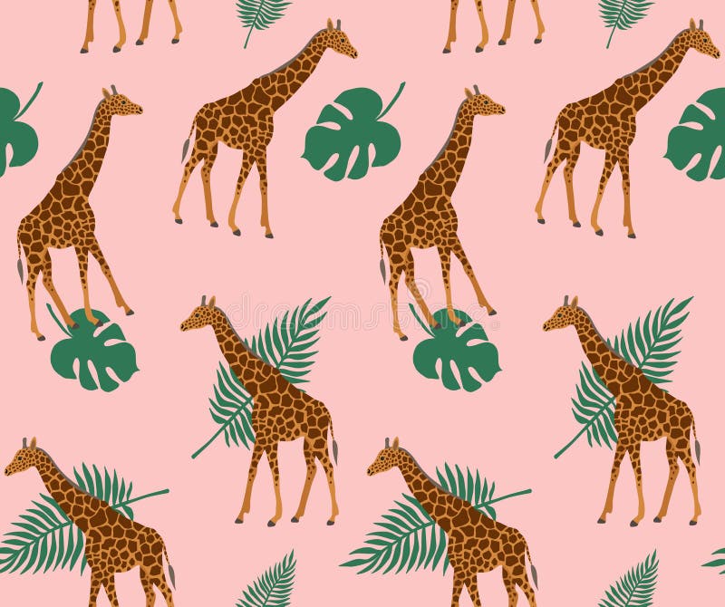 Vector Seamless Pattern of Giraffe and Palm Leaves Stock Vector ...