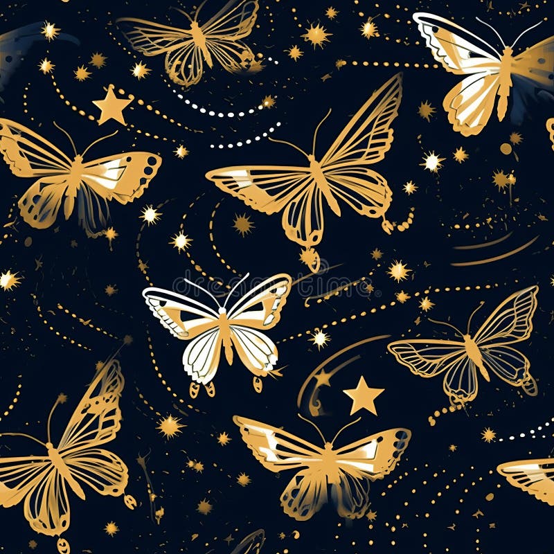 Vector Seamless Pattern with Gold Butterflies and Stars. Contemporary ...