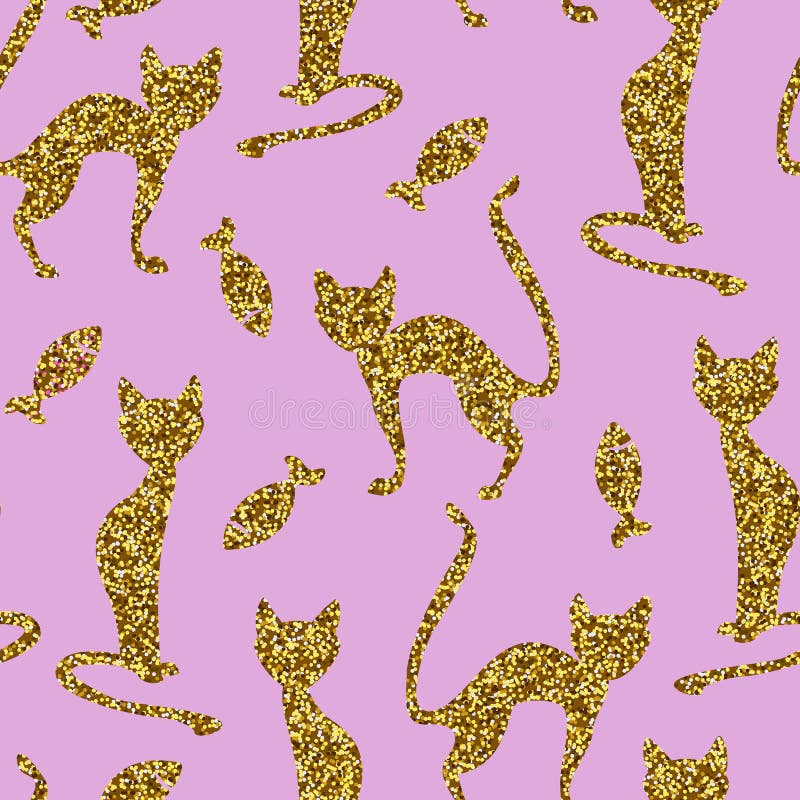 Vector Seamless Pattern. Gold Cats and Small Fishes Isolated on Pink ...