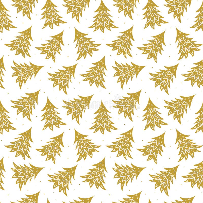 Vector Seamless Pattern with Gold Christmas Trees on White Background ...
