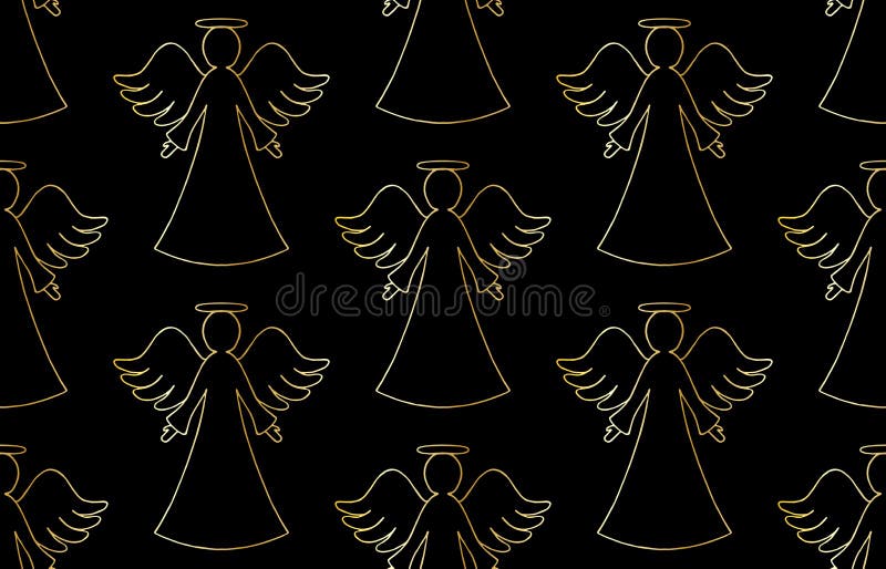 Vector Seamless Pattern of Golden Contour of Angels on Black Background ...