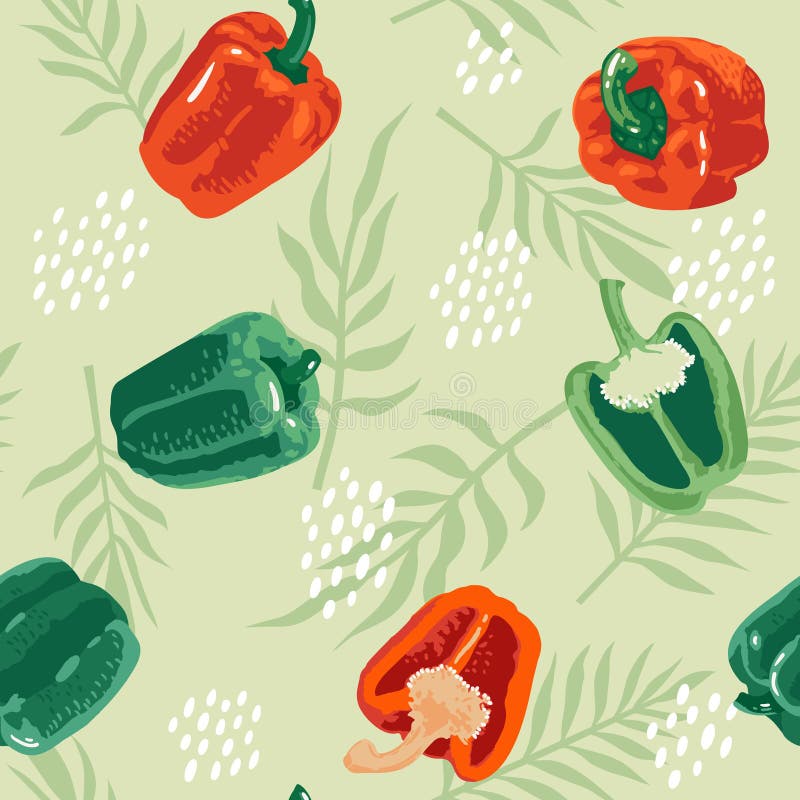 Vector Seamless Pattern with Green and Red Peppers, Flowers and Leaves ...