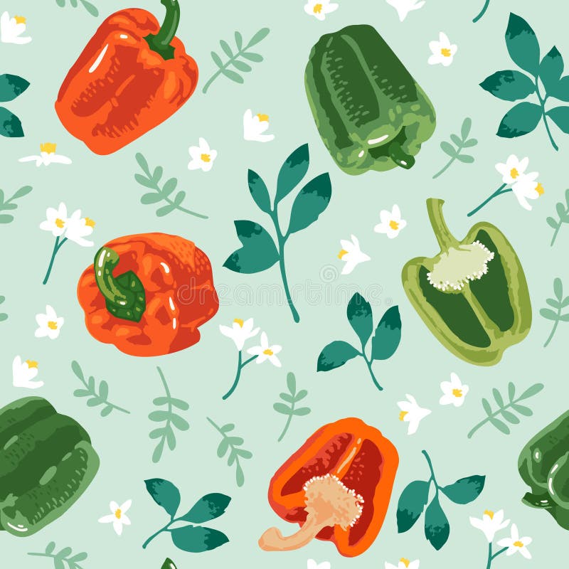 Vector Seamless Pattern with Green and Red Peppers, Flowers and Leaves ...