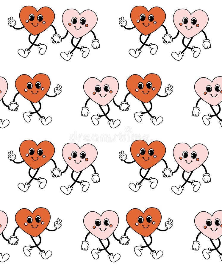 Vector Seamless Pattern of Groovy Couple of Hearts Stock Vector ...