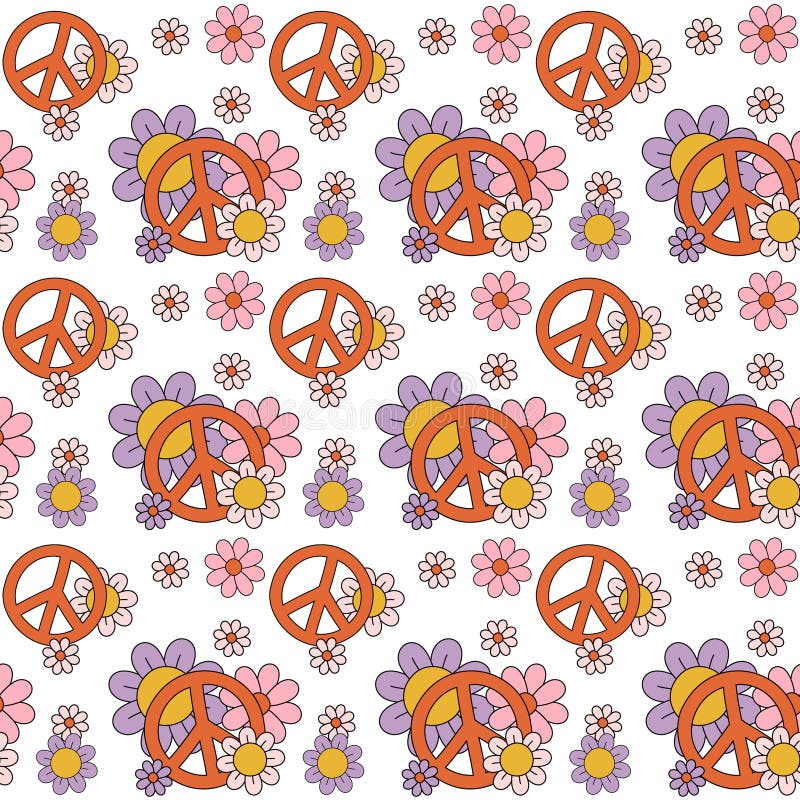 Vector Seamless Pattern of Groovy Peace and Flower Stock Illustration ...