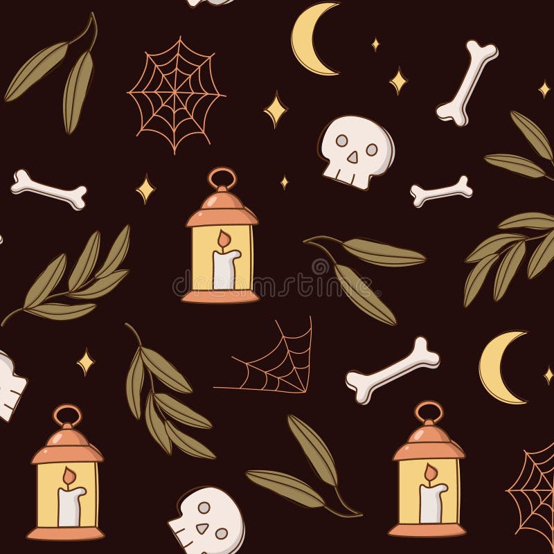 Vector Seamless Pattern with Halloween Autumn Icons: Skull, Bones ...
