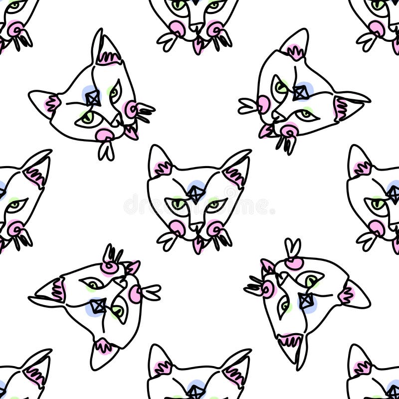 Vector Seamless Pattern with Hand Draw One Line Cats in Graphic Doodle ...