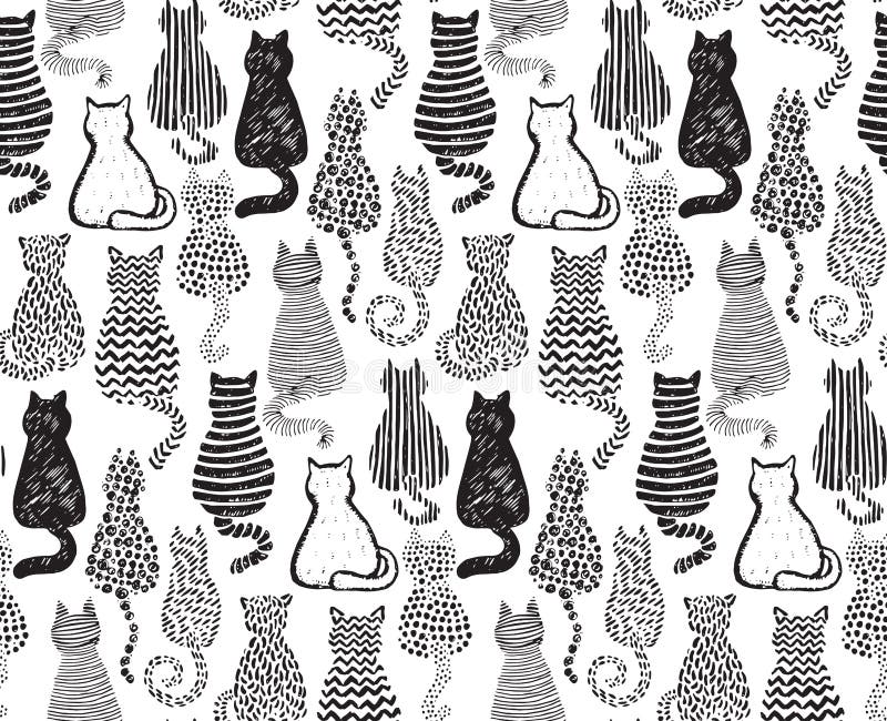 Vector Seamless Pattern with Hand Draw Textured Cats Stock Vector ...
