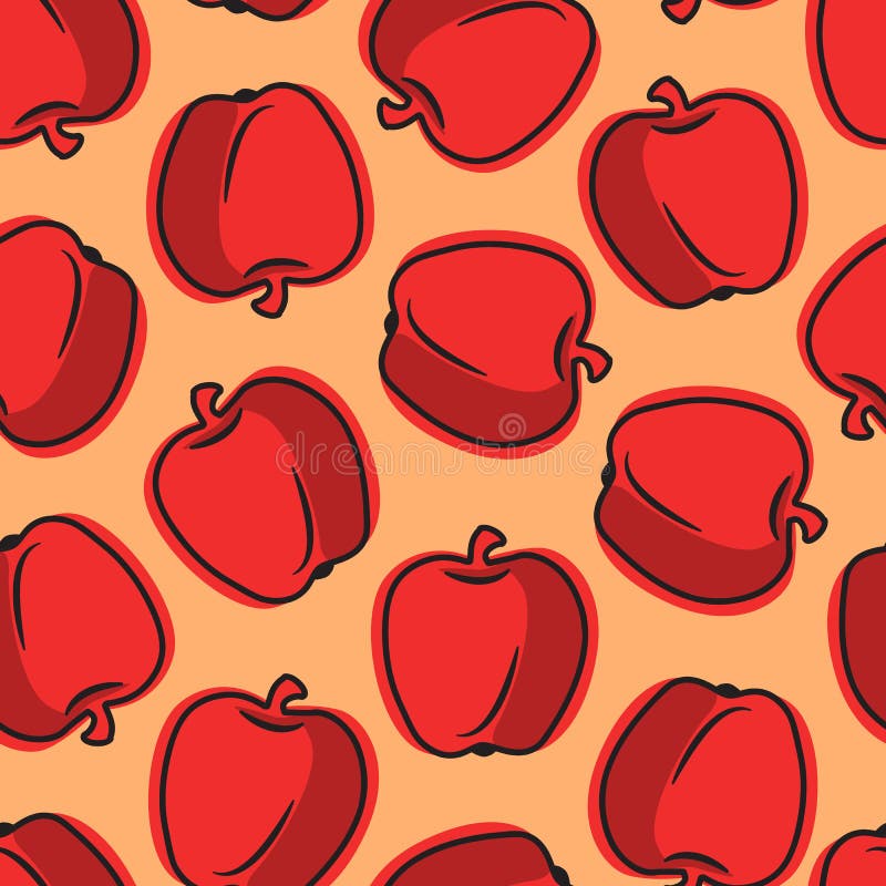 Vector Seamless Pattern with Hand Drawing Apples on Orange Background ...