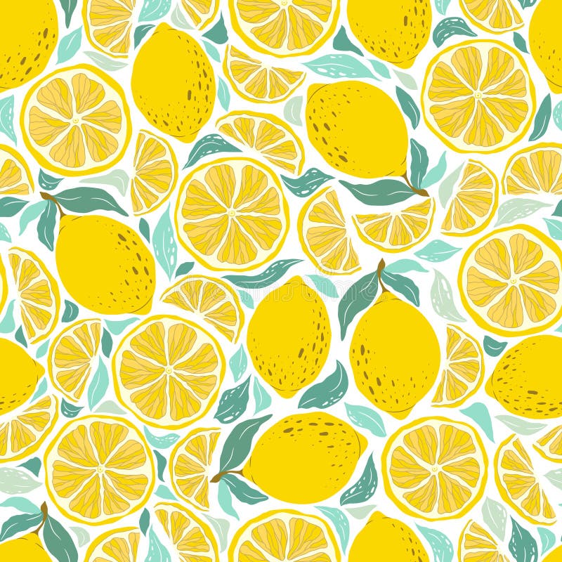 Vector Seamless Pattern with Hand Drawn Abstract Lemons and Leaves ...