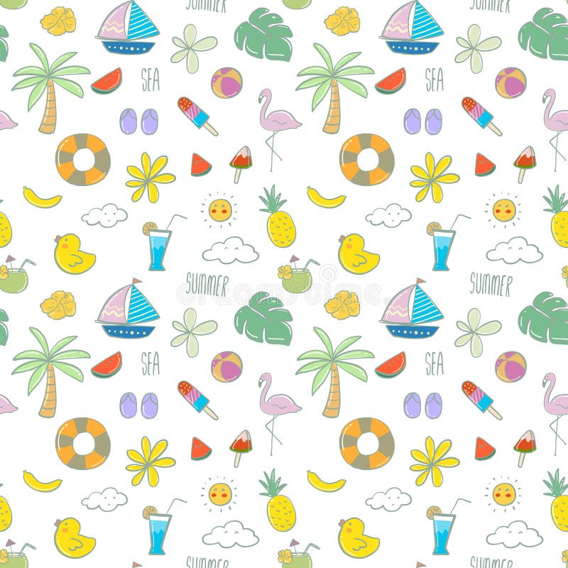 Vector Seamless Pattern with Hand Drawn Beach Elements in the Summer Stock Vector - Illustration ...