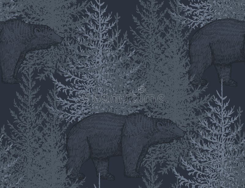 Vector Seamless Pattern with Hand Drawn Bears and Trees. Stock Vector ...
