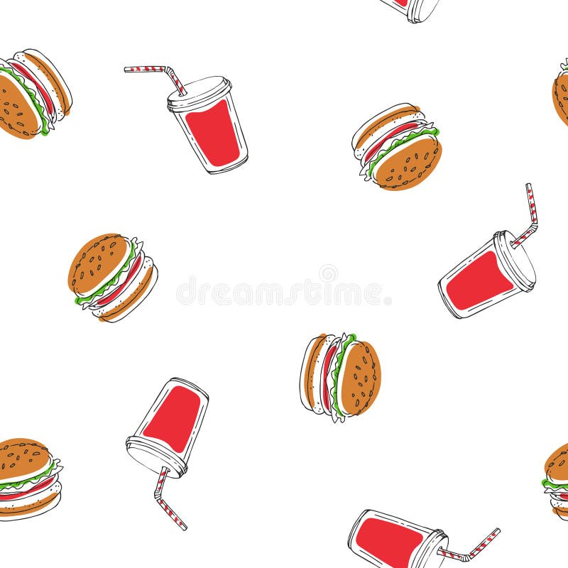 Vector Seamless Pattern with Hand Drawn Burger and Drink Isolated on ...