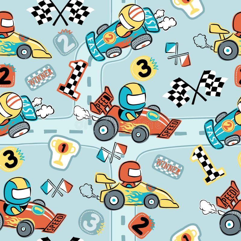 Vector Seamless Pattern of Hand Drawn Car Racing Cartoon, Racing ...