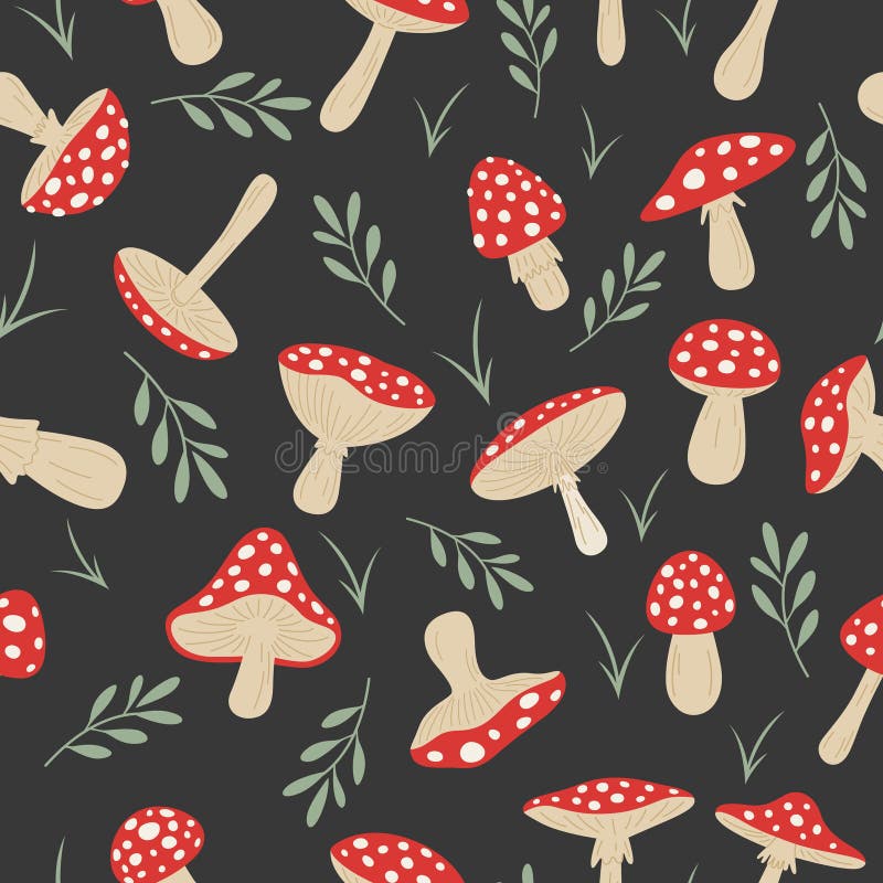 Vector Seamless Pattern With Hand Drawn Cartoon Fly Agaric Mushrooms