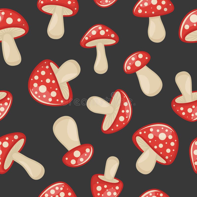 Vector Seamless Pattern With Hand Drawn Cartoon Mushrooms On A Black