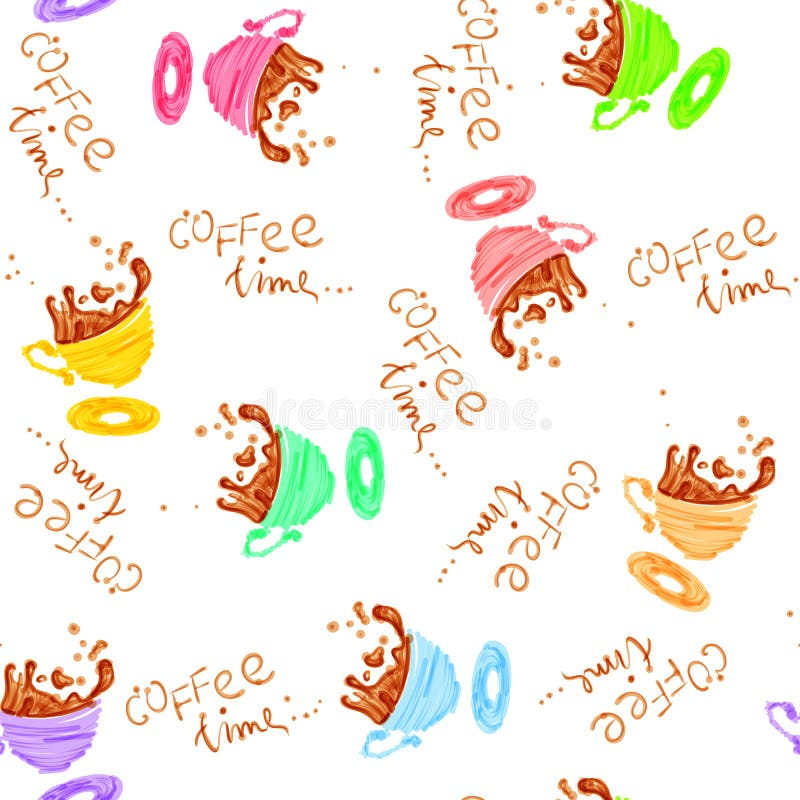 Vector Seamless Pattern with Hand Drawn Coffee Cups Drawn with Marker ...