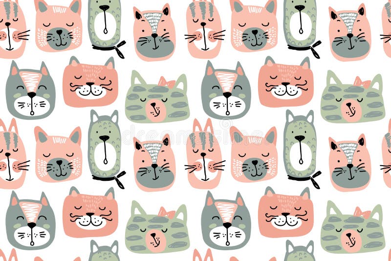 Vector Seamless Pattern with Hand Drawn Colorful Cat Faces. Stock ...