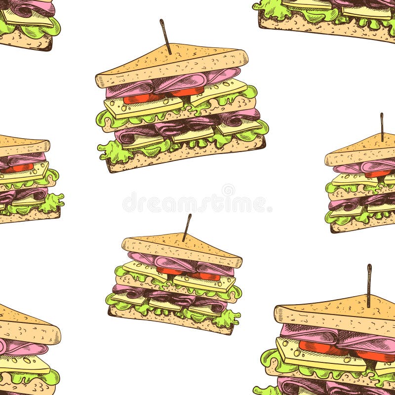 Vector Seamless Pattern, Hand Drawn Colorful Sandwiches on White ...