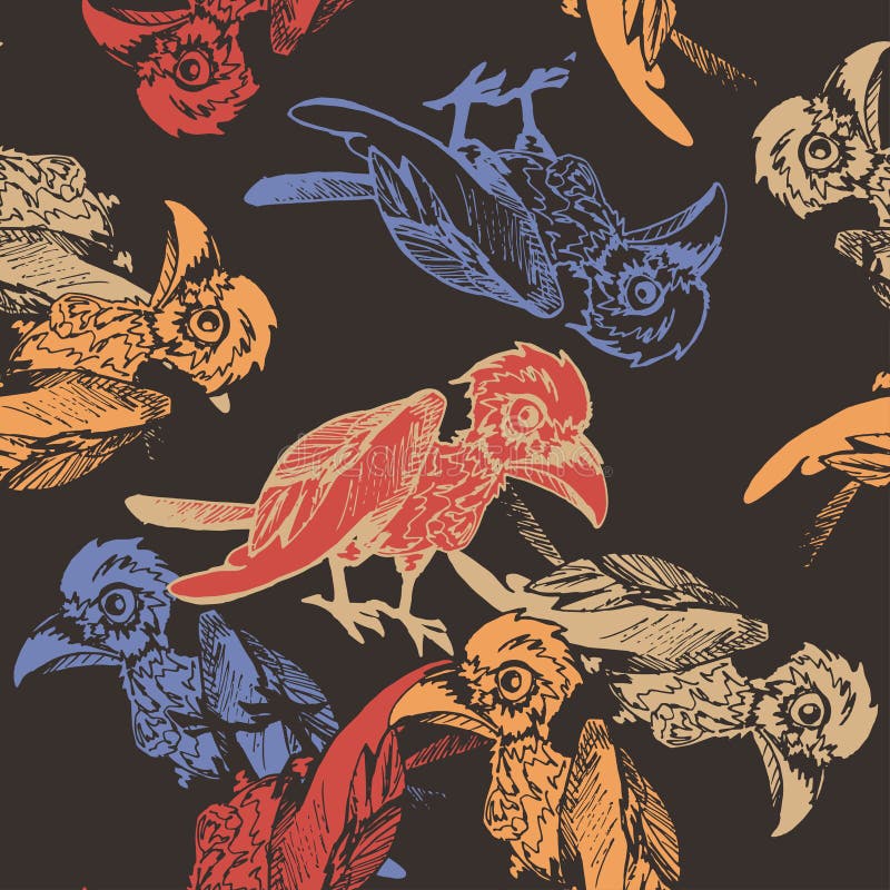 Vector Seamless Pattern with Hand Drawn Doodle Colored Crow on Black ...