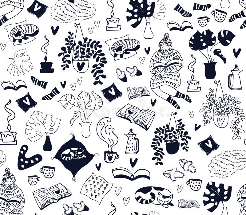 Vector Seamless Pattern of Hand-drawn Doodle Cozy Home Outline Elements ...