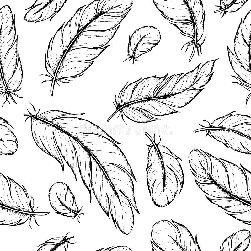 Vector Seamless Pattern of Hand Drawn Feather. Ink Feather Vintage ...