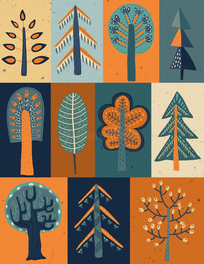 Vector Seamless Pattern with Hand Drawn Forest Trees in Rectangular ...