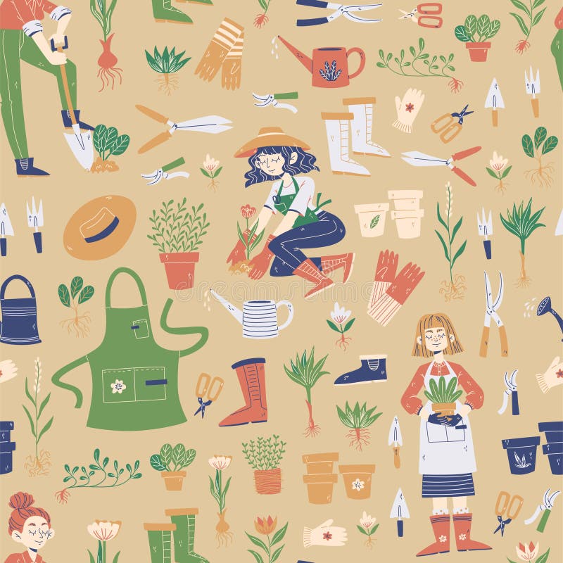 Vector Seamless Pattern with Hand Drawn of Gardening Tools Stock Vector ...