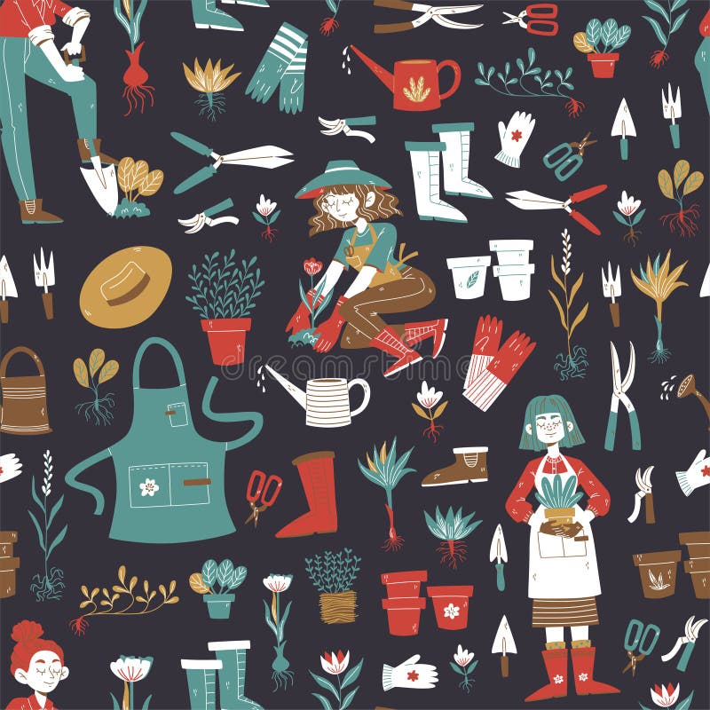 Vector Seamless Pattern with Hand Drawn of Gardening Tools Stock Vector ...