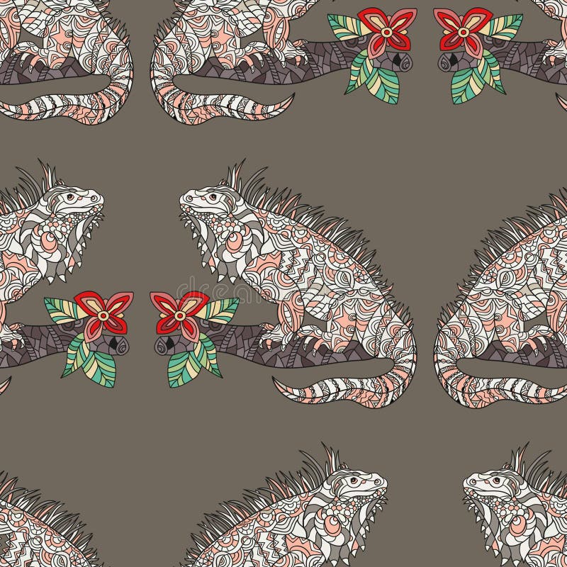 Vector Seamless Pattern with Hand Drawn Iguana. Stock Vector ...