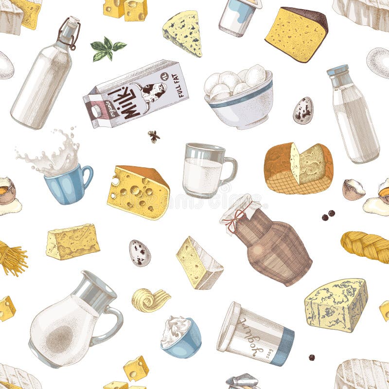 Colorful Dairy Products Seamless Pattern Stock Vector - Illustration of ...