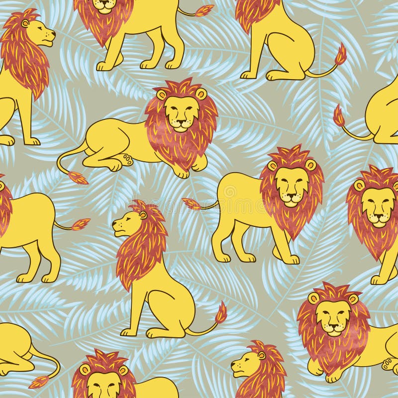 Vector Seamless Pattern with Hand Drawn Lions. Stock Vector ...