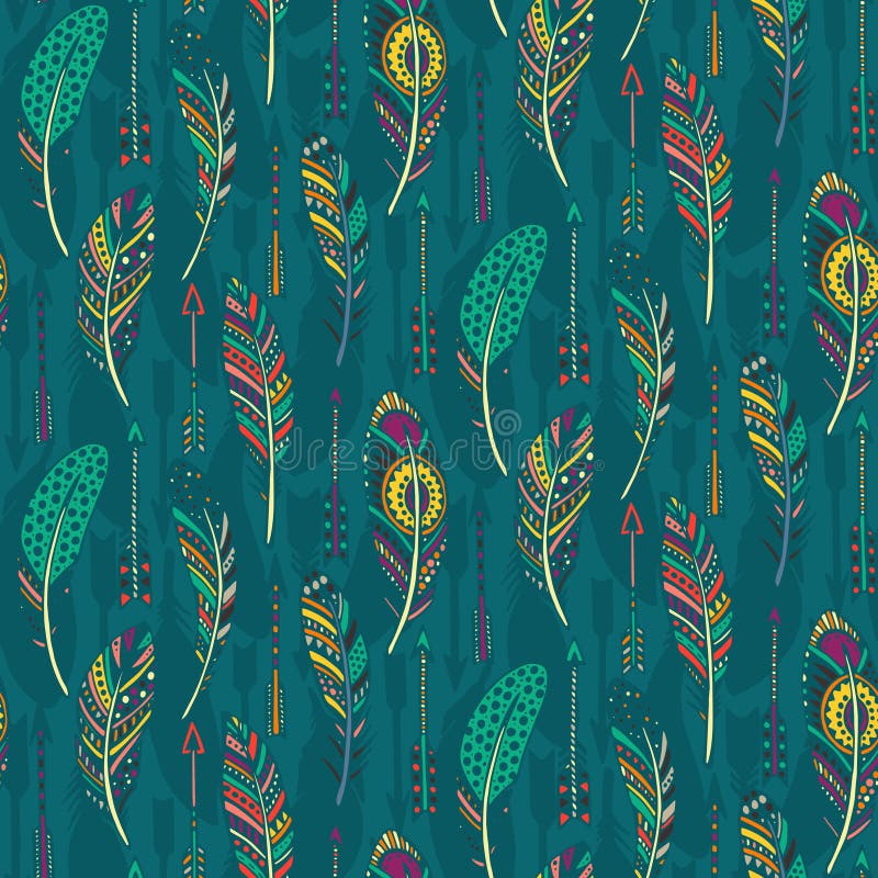 Vector Seamless Pattern with Hand Drawn Ornate Tribal Feathers and ...