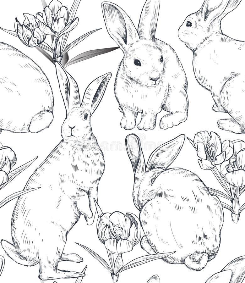 Vector Seamless Pattern With Hand Drawn Rabbits Stock Vector