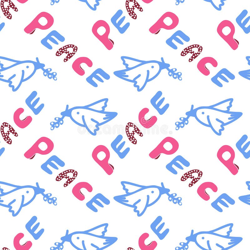Vector Seamless Pattern with Hand Drawn Word Peace and Birds with a ...