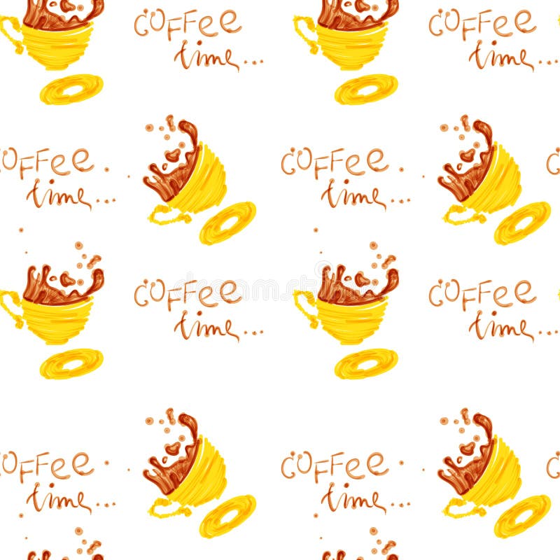 Vector Seamless Pattern with Hand Drawn Yellow Coffee Cups Drawn with ...