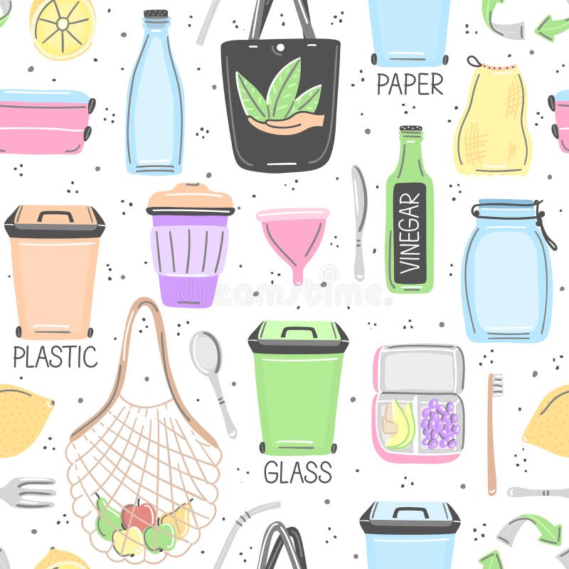 Vector Seamless Pattern with Hand Drawn Zero Waste Objects. Eco ...