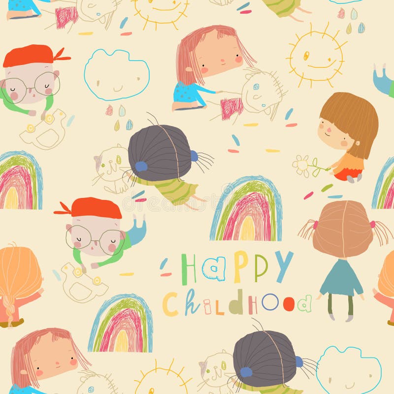 Seamless Pattern with Happy Children Painting Drawings with Chalk on ...