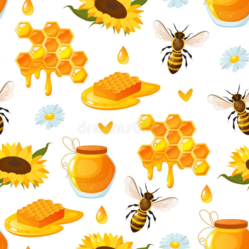 Vector Seamless Pattern with Honey Elements on White Background Stock ...
