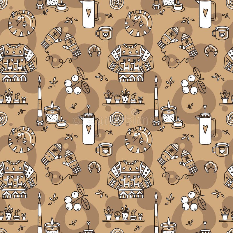 Vector Seamless Pattern with Hygge Concept. Stock Vector - Illustration ...