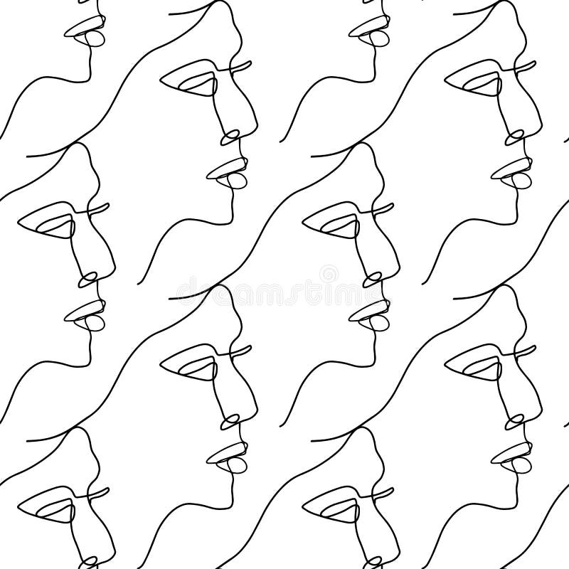 Vector Seamless Pattern Illustration with Female Faces in Line Art ...