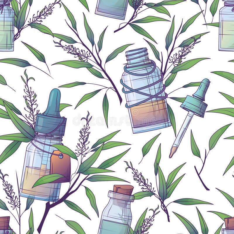 Vector Seamless Pattern with Illustration of Tea Tree Leaves, Glass ...