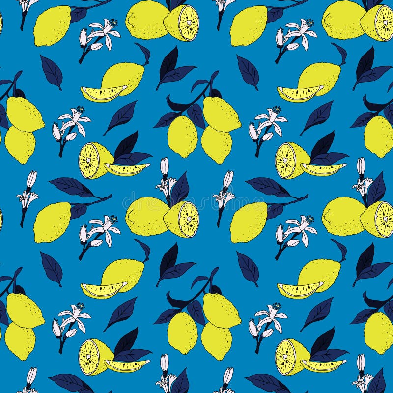 Vector Seamless Pattern with the Image of Yellow Lemons, Blue Leaves ...