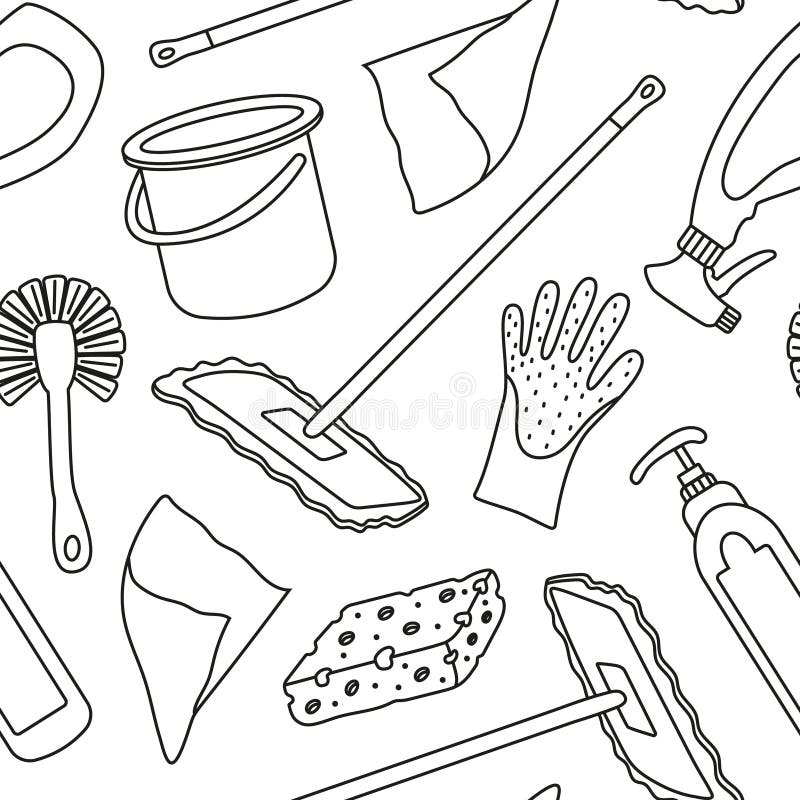 Vector Seamless Pattern with Items for Cleaning the House in Doodle ...