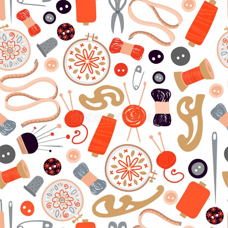Vector Seamless Pattern with Items and Materials for Sewing, Capturing ...