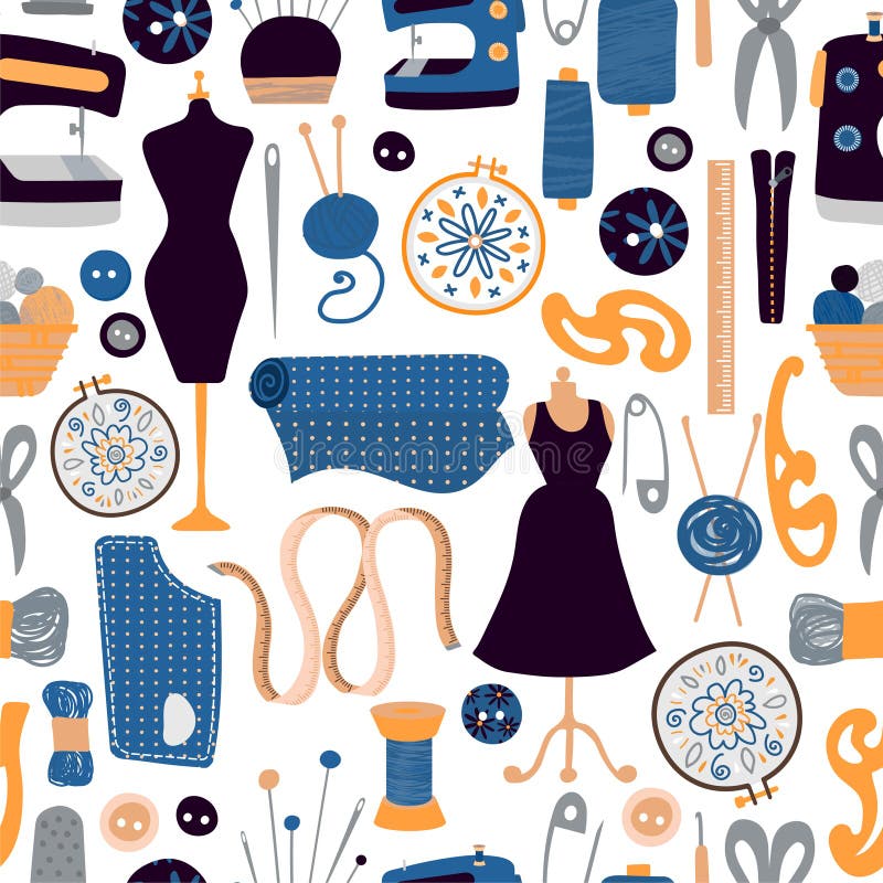 Vector Seamless Pattern with Items and Materials for Sewing, Capturing ...