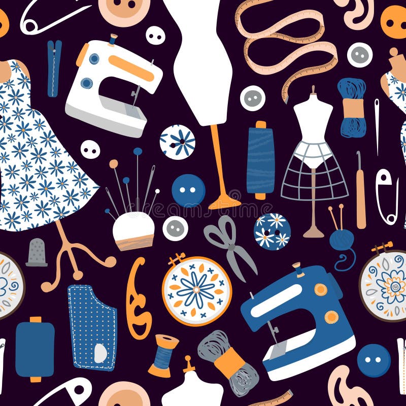 Vector Seamless Pattern with Items and Materials for Sewing, Capturing ...