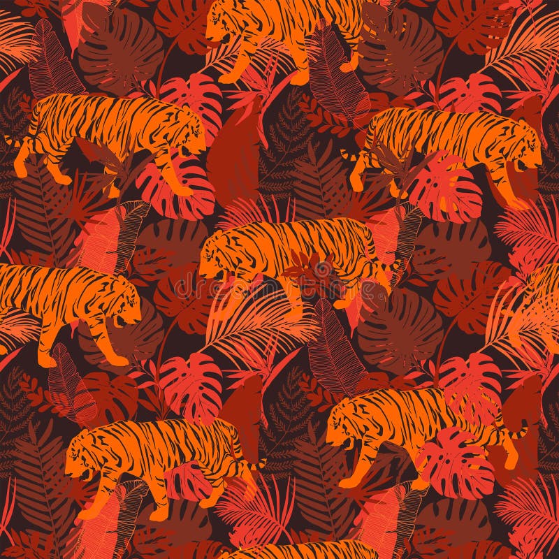 Jungle Animals, Tiger with Leaves, Vector Pattern Stock Vector ...